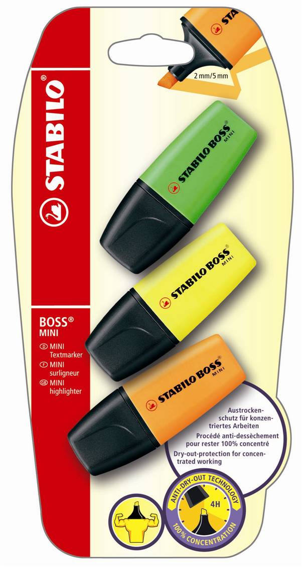 Highlighter stabilo boss mini 3pk green/yellow/pink