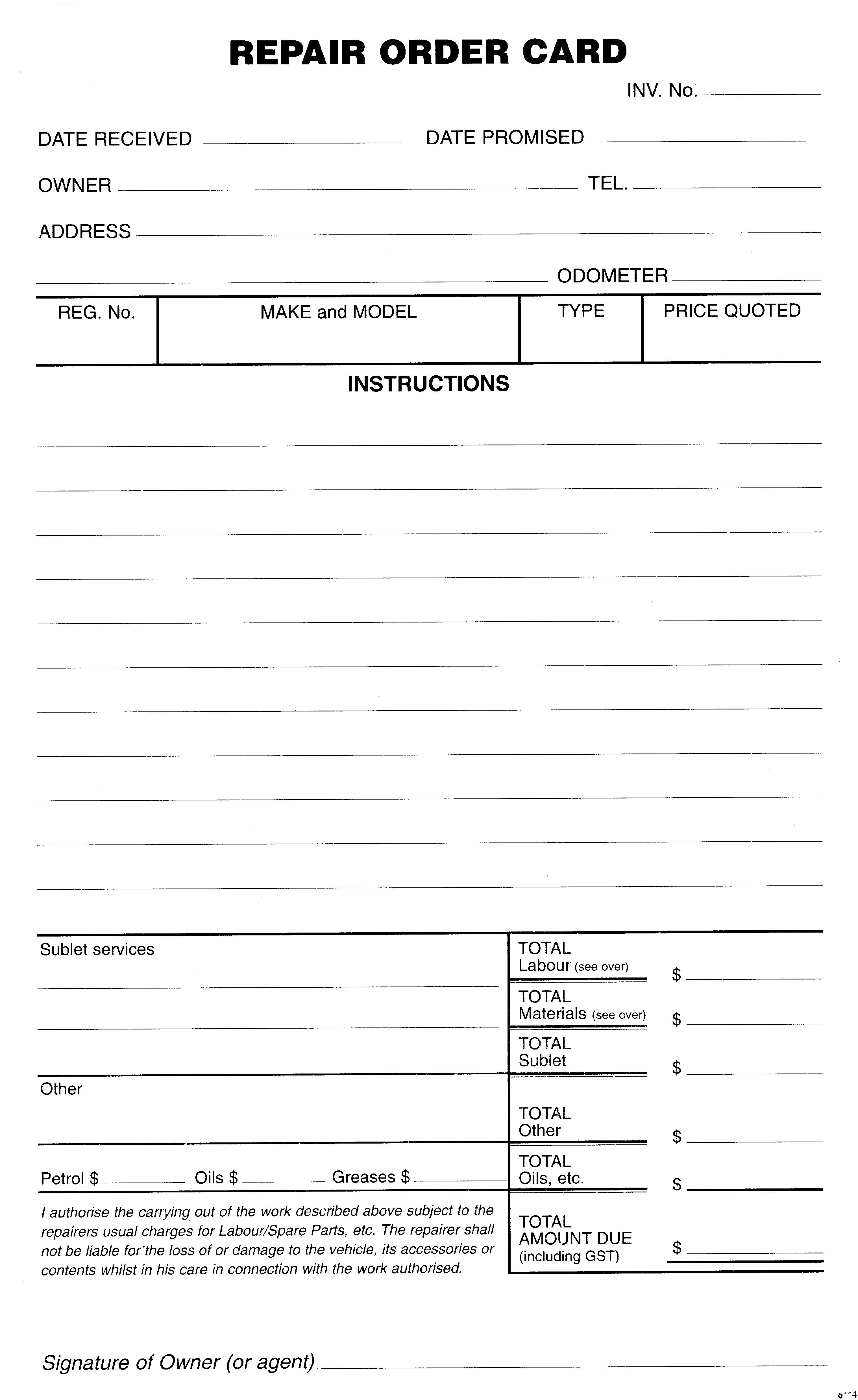 Repair order cards zions roc pk250