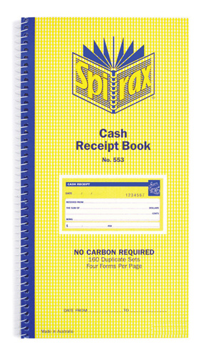 Cash rec book spirax 553 dup c/less 4tv - pack of 10